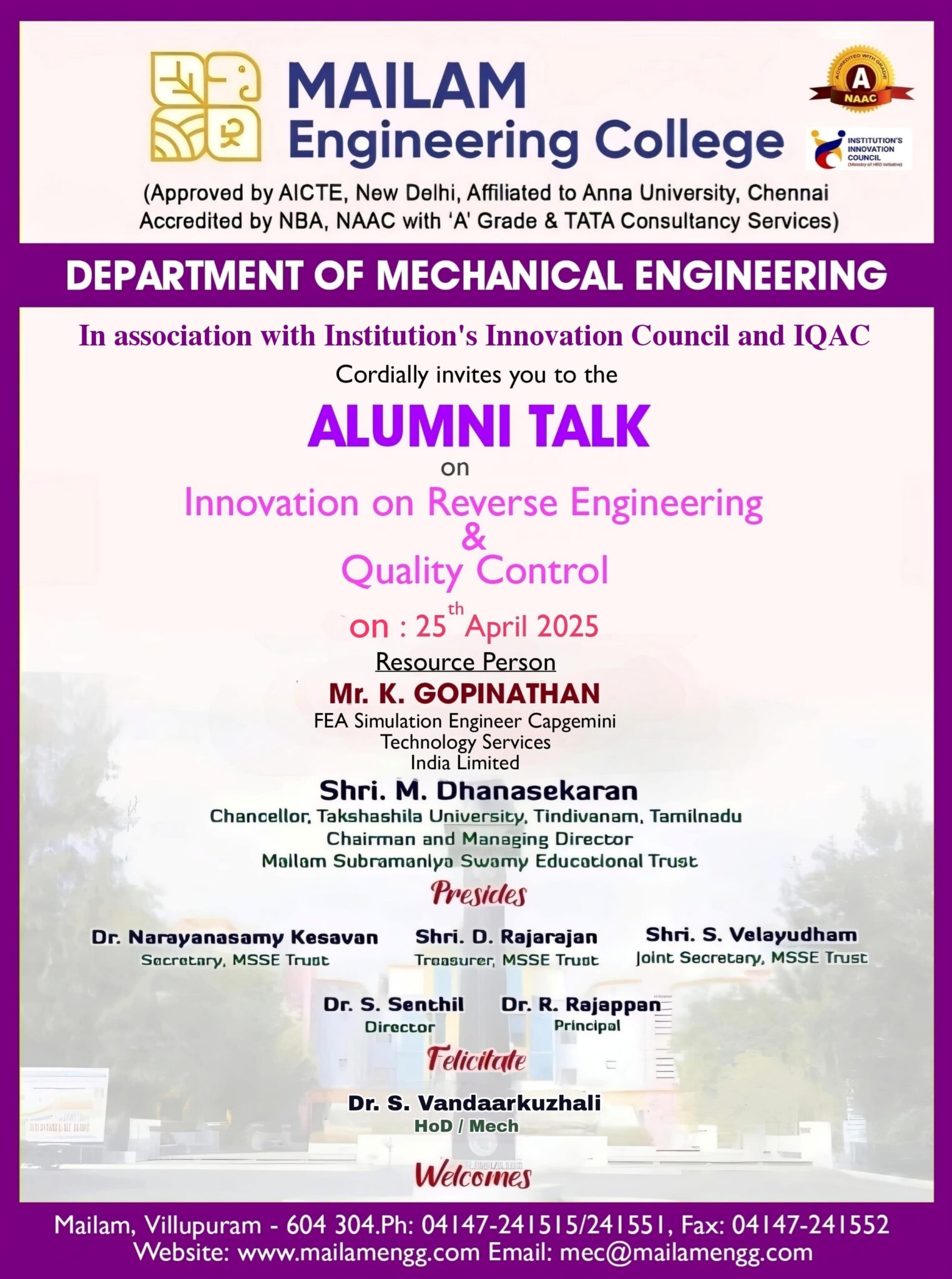 Alumni Talk on Innovation on Reverse Engineering & Quality Control - MEC